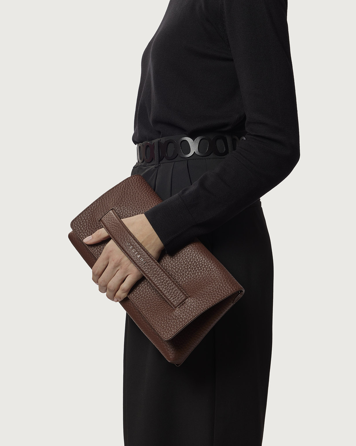 ORCIANI | Gossip Soft grained leather clutch. color caffè