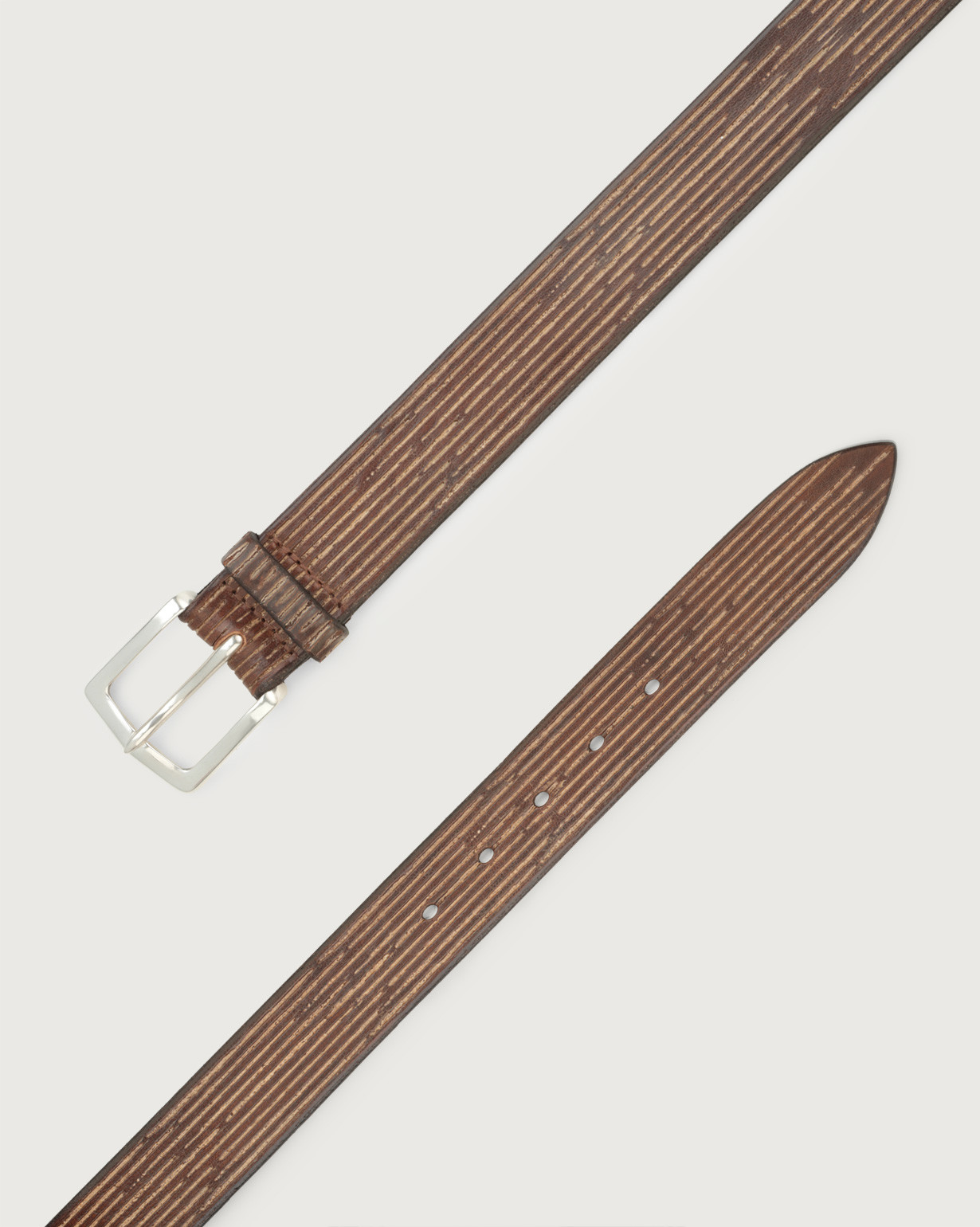 ORCIANI Stain Soapy leather belt with lines pattern, color Chocolate