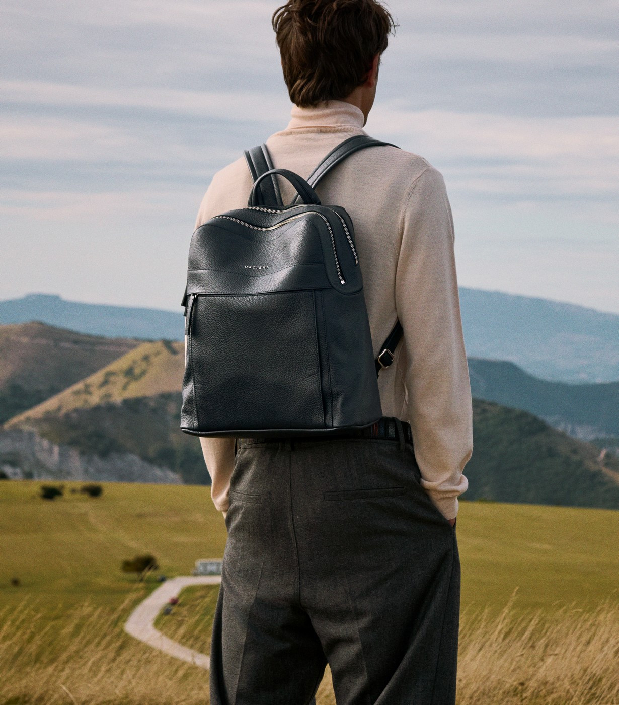 ORCIANI Micron dollar leather backpack, color Navy