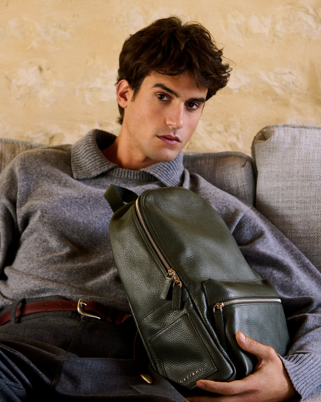 ORCIANI Micron Leather Backpack, color Olive green