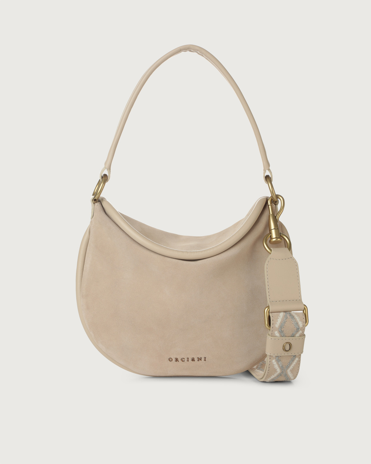 ORCIANI Ping Naif Bold suede leather shoulder bag with strap, color Butter
