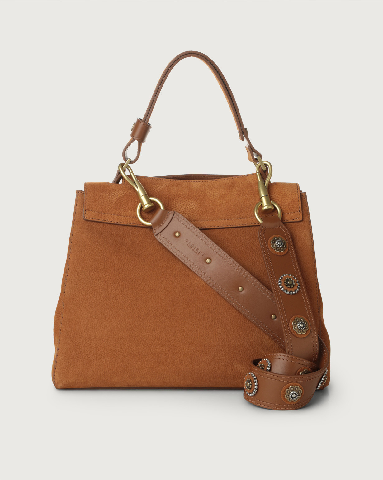 ORCIANI Sveva Nabucco Tan Medium nubuck leather handbag with strap, color Brandy