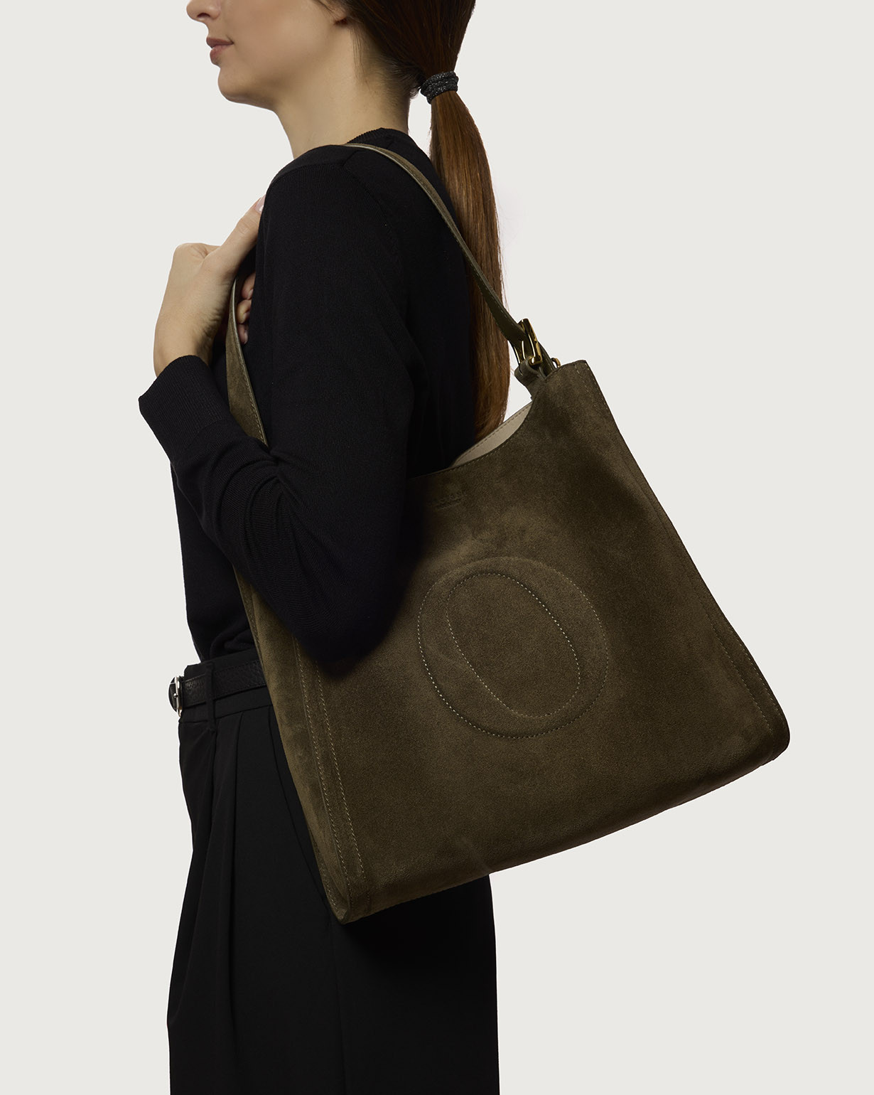 ORCIANI Her-O Peach Midi suede leather shoulder bag with strap, color olive