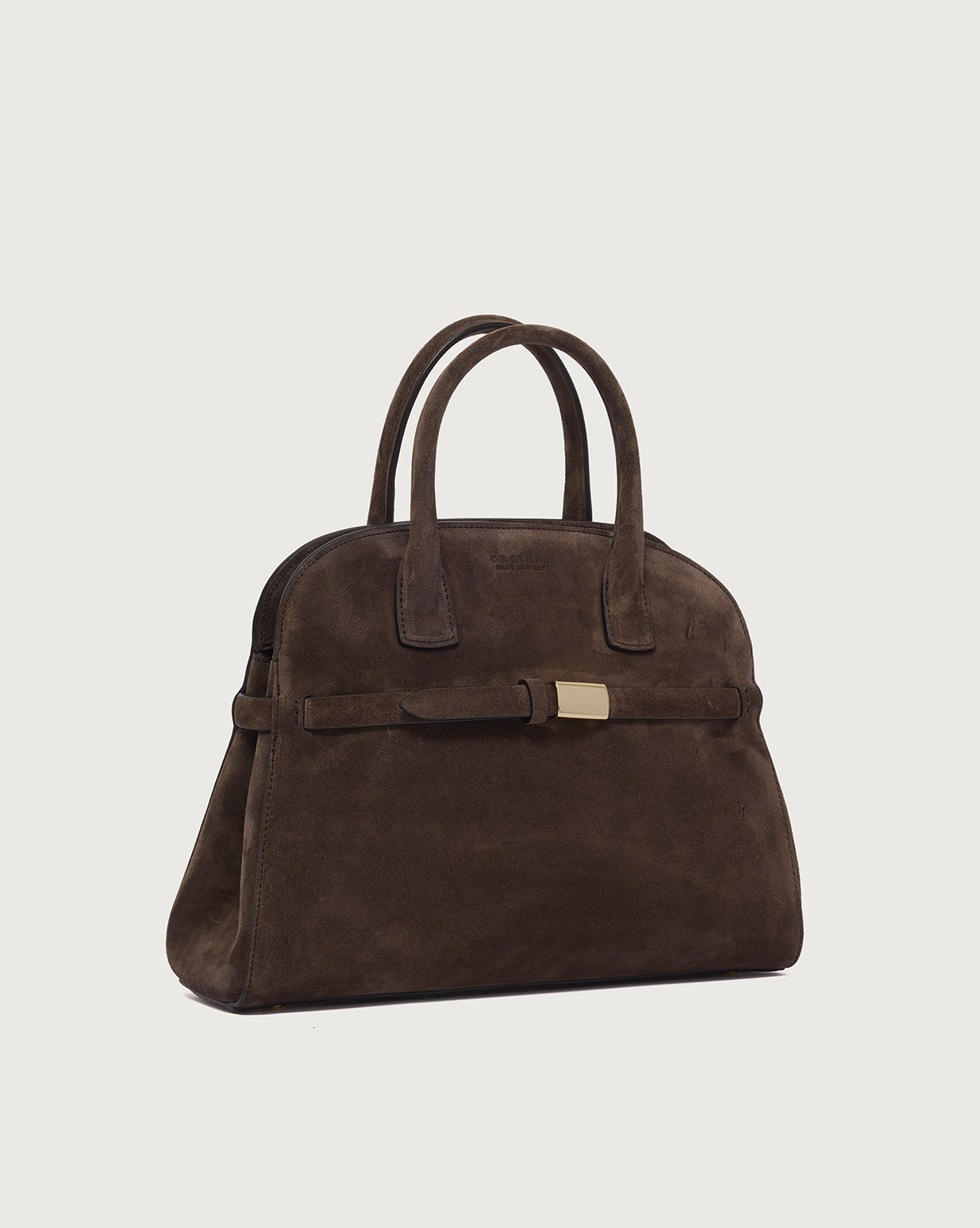 ORCIANI Aura Peach Midi suede handbag with strap, color chocolate