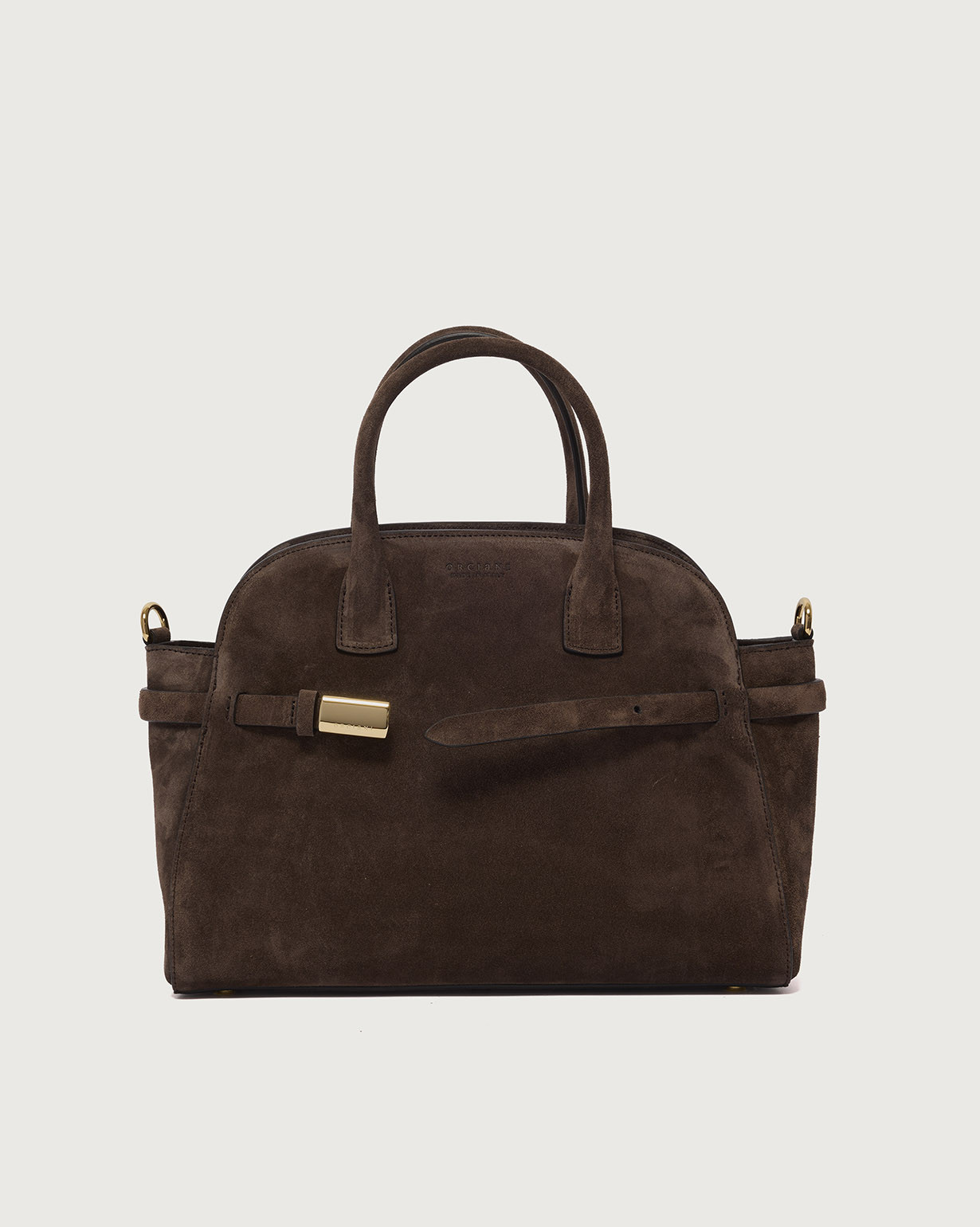 ORCIANI Aura Peach Midi suede handbag with strap, color chocolate