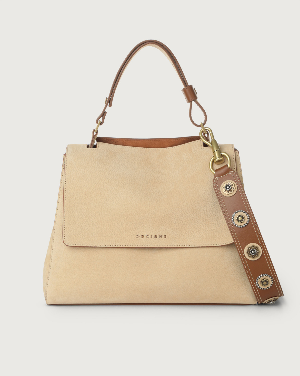 ORCIANI Sveva Nabucco Tan Medium nubuck leather handbag with strap, color Sand