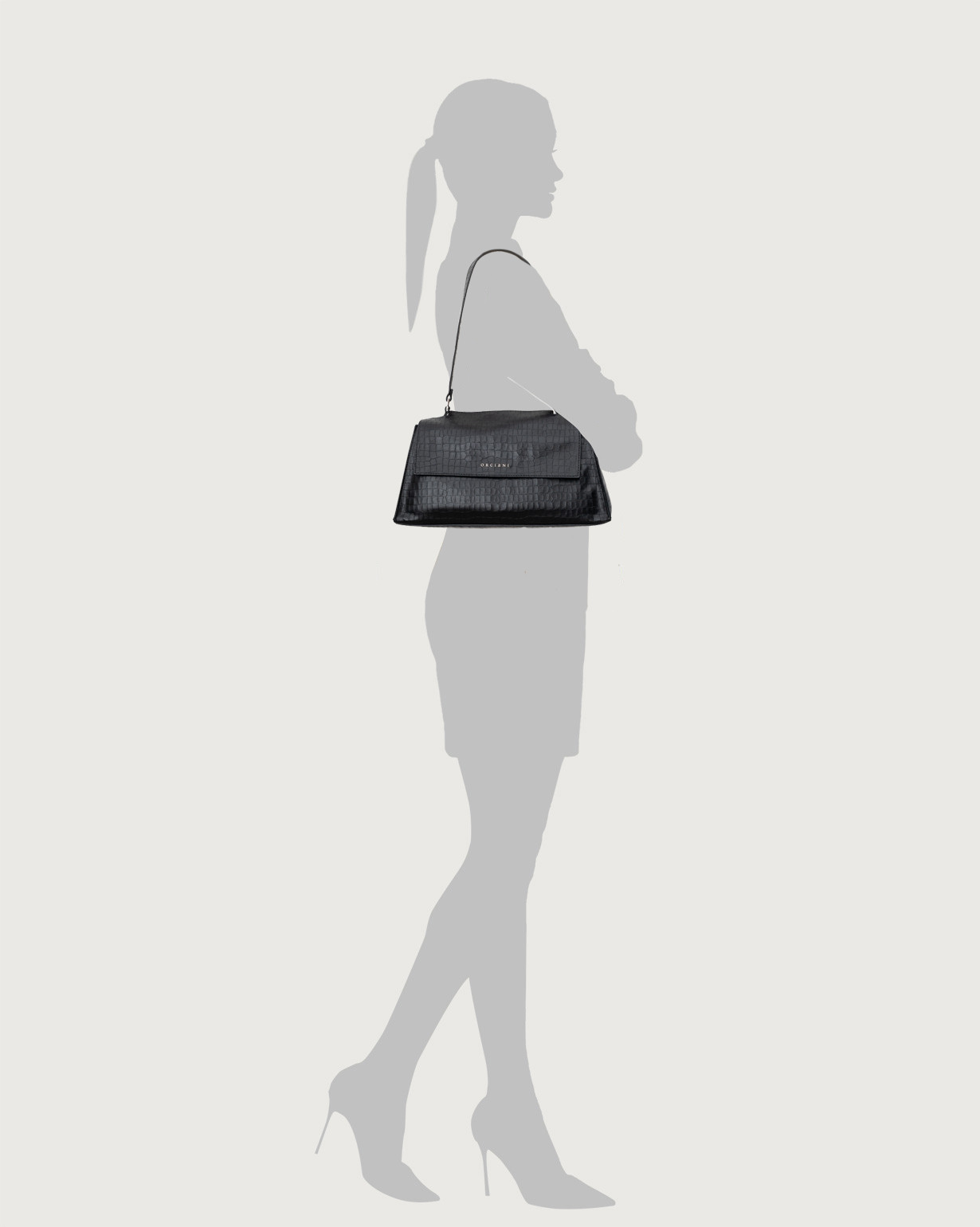 ORCIANI Sveva Longuette Cocco embossed leather handbag, color black
