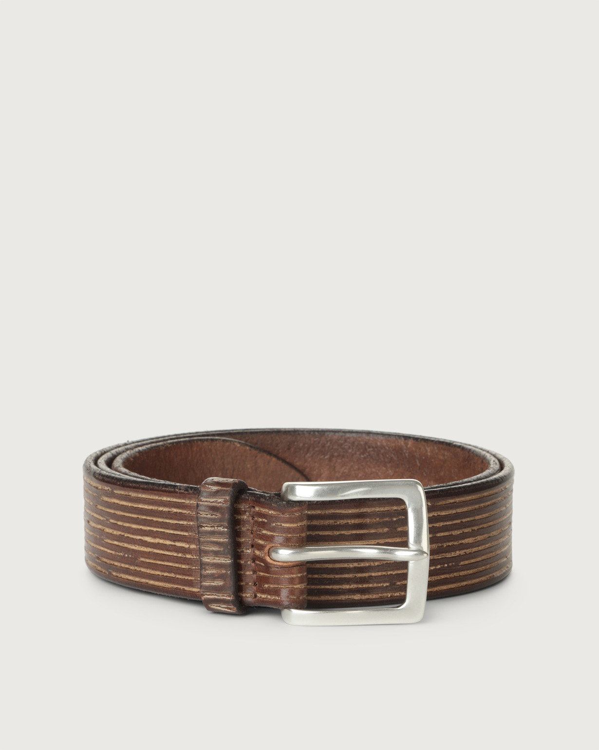 ORCIANI Stain Soapy leather belt with lines pattern, color Chocolate