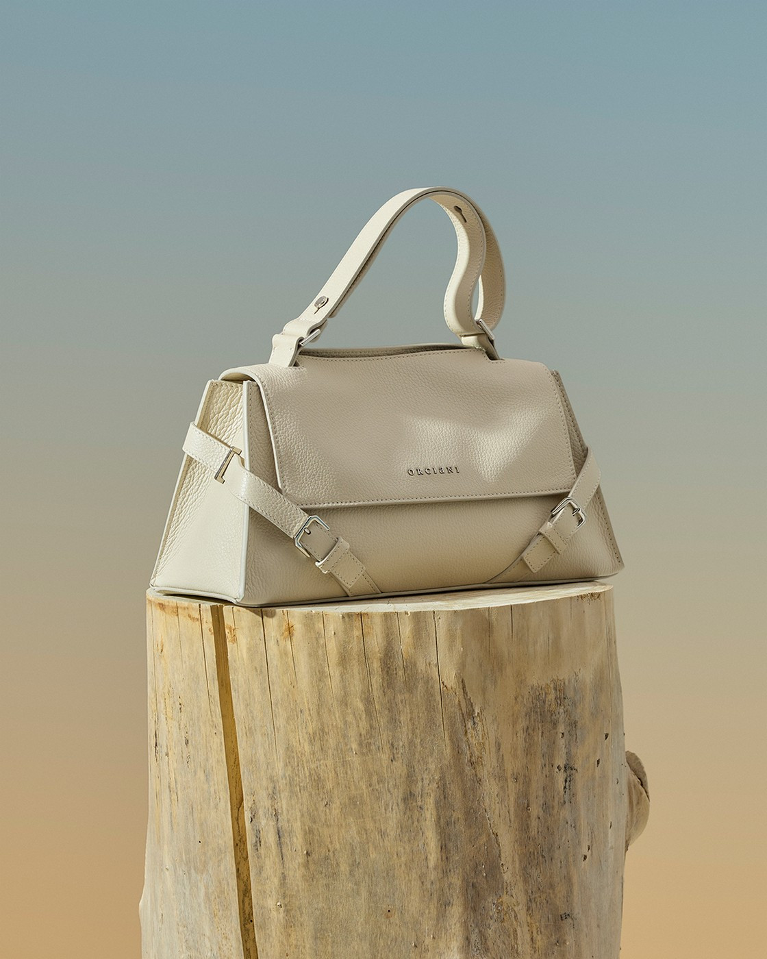 ORCIANI Sveva Longuette Sense leather handbag with strap, color Off-White
